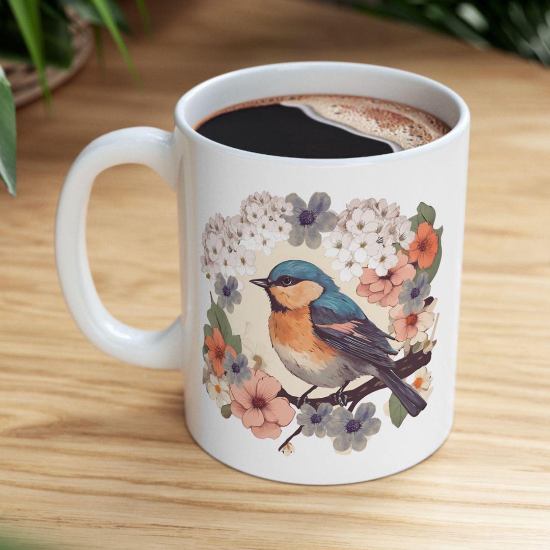 Watercolor Songbird and Flowers White Ceramic Mug | 11 Oz. Size - Etsy