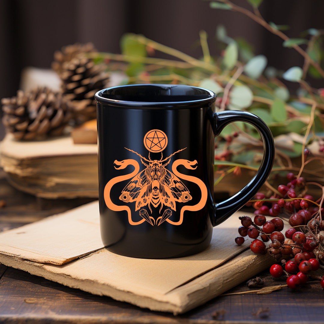 Witchy Moth, Snakes and Pentacle Black Ceramic Mug 11oz, 15ozwitchy Mug ...