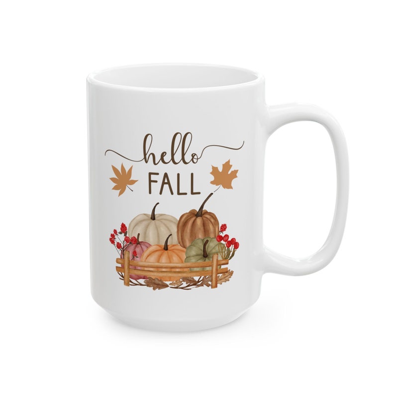 Hello Fall White Ceramic Mug 11 & 15 Oz., Hello Fall Coffee Cups ...