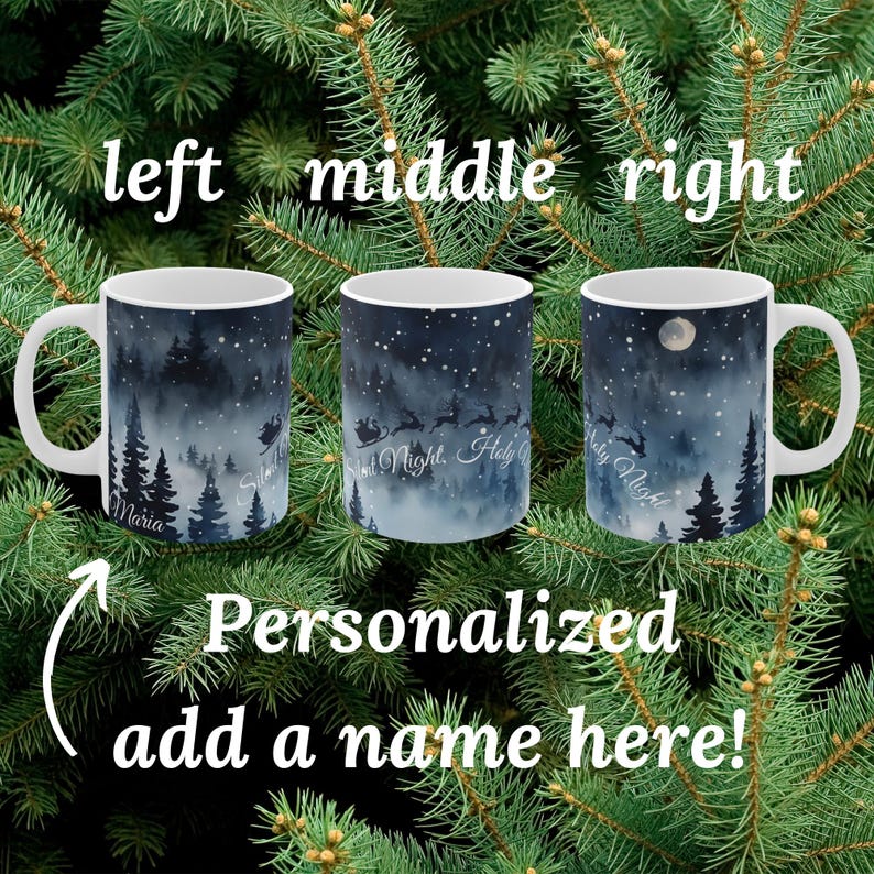 Personalized Silent Night Mug, Christmas Eve Winter Trees, Holiday ...