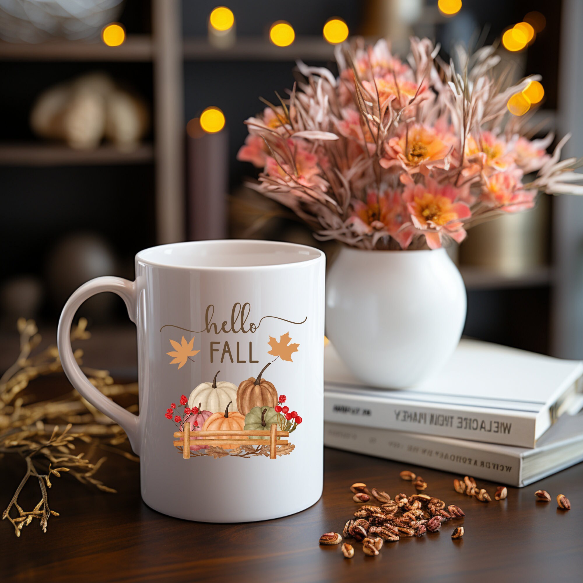 Hello Fall White Ceramic Mug 11 & 15 Oz., Hello Fall Coffee Cups ...