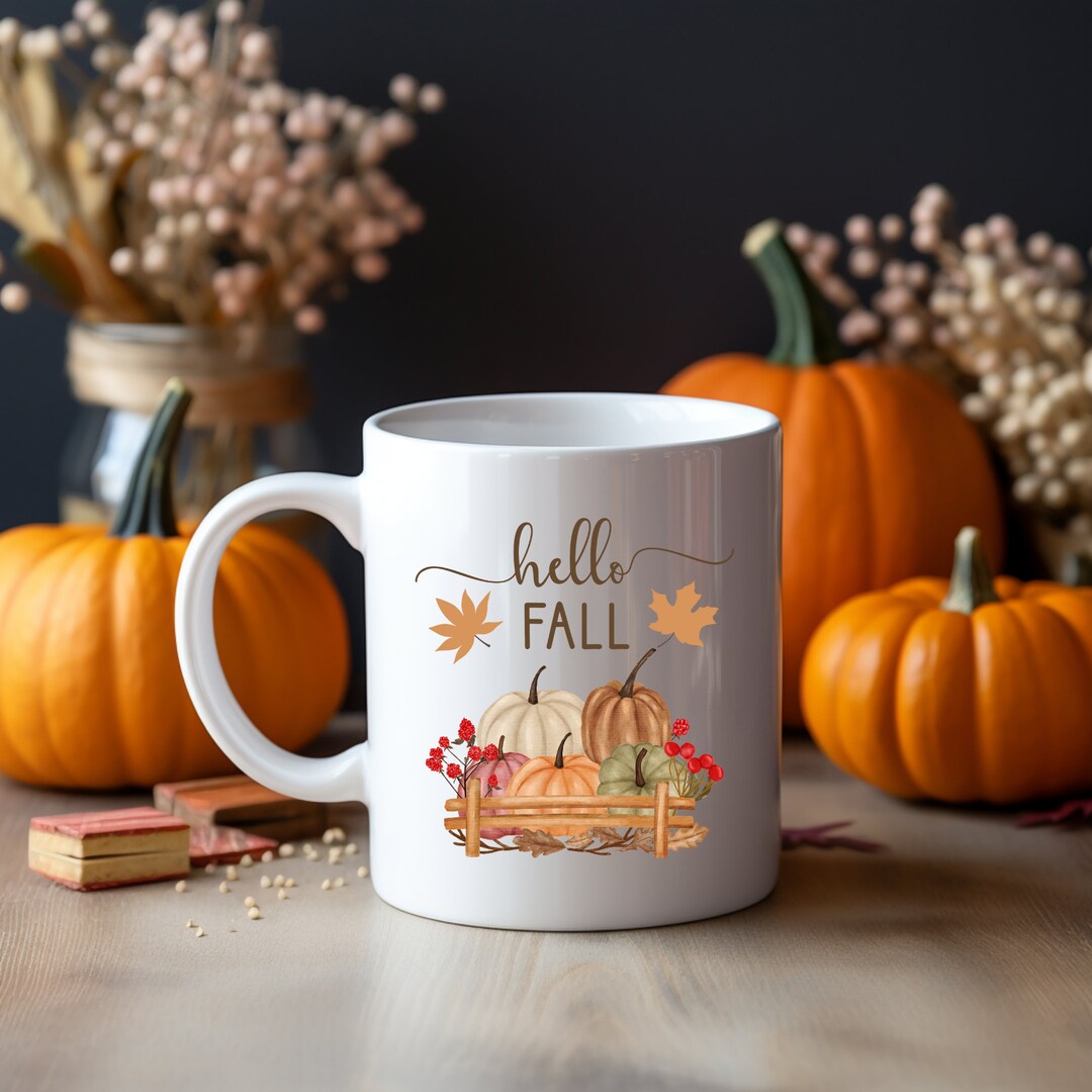 Hello Fall White Ceramic Mug 11 & 15 Oz., Hello Fall Coffee Cups ...