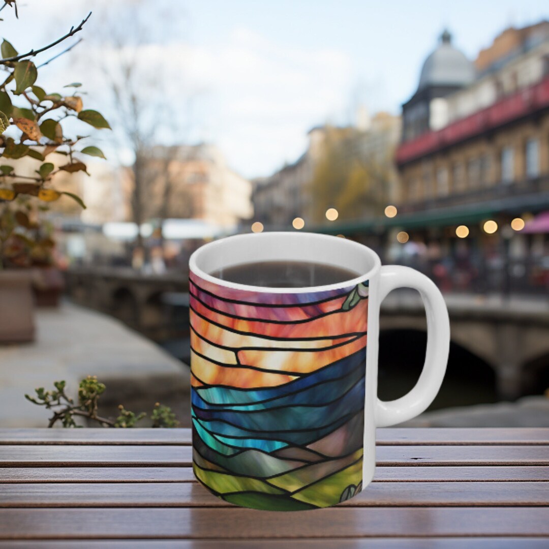 Colorful Stained Glass Look White Ceramic Mug 11oz, Sunset Coffee Cup ...