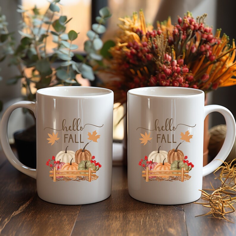 Hello Fall White Ceramic Mug 11 & 15 Oz., Hello Fall Coffee Cups ...