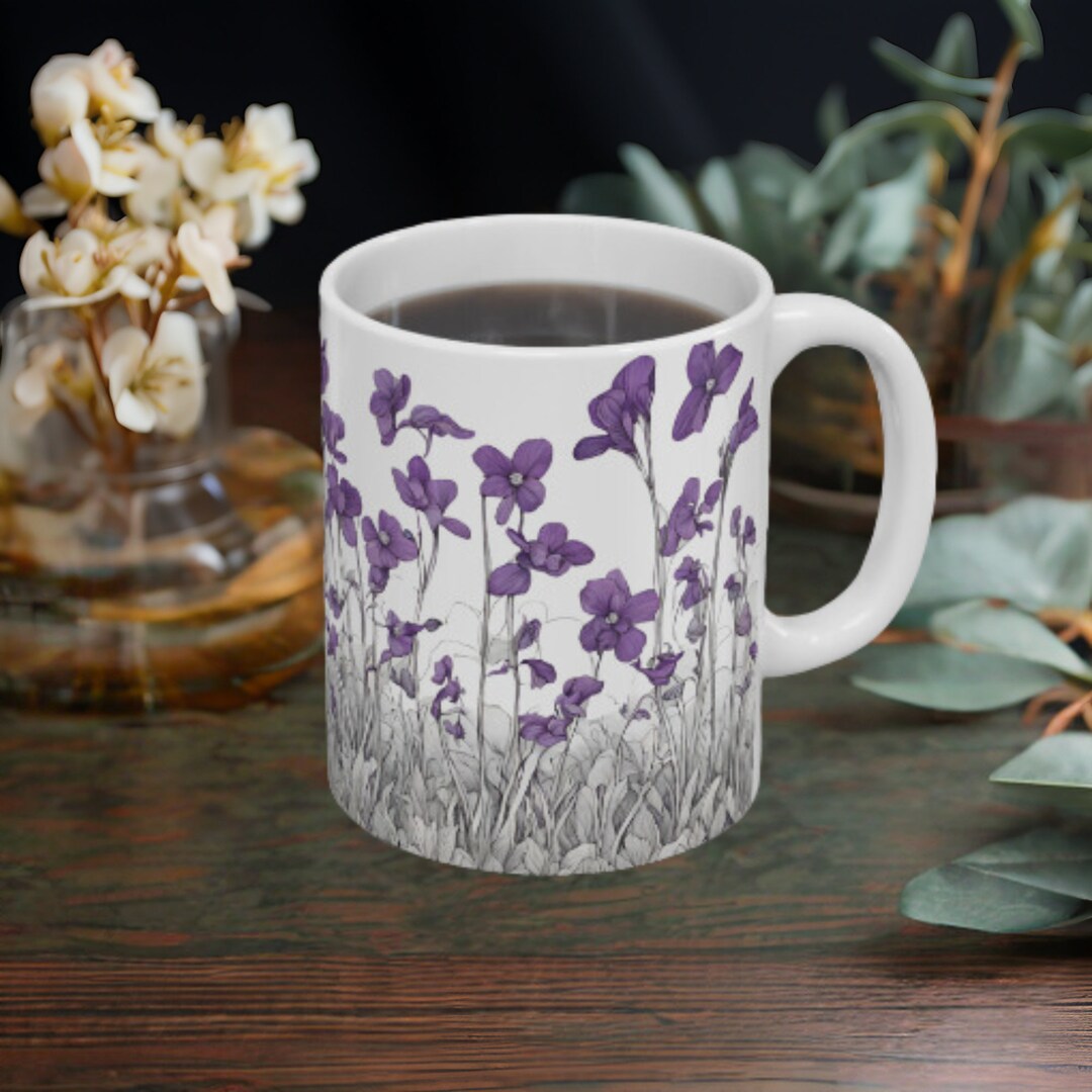 February Birth Flower Violets White Ceramic Mug 11 Oz. Gift for Wife ...