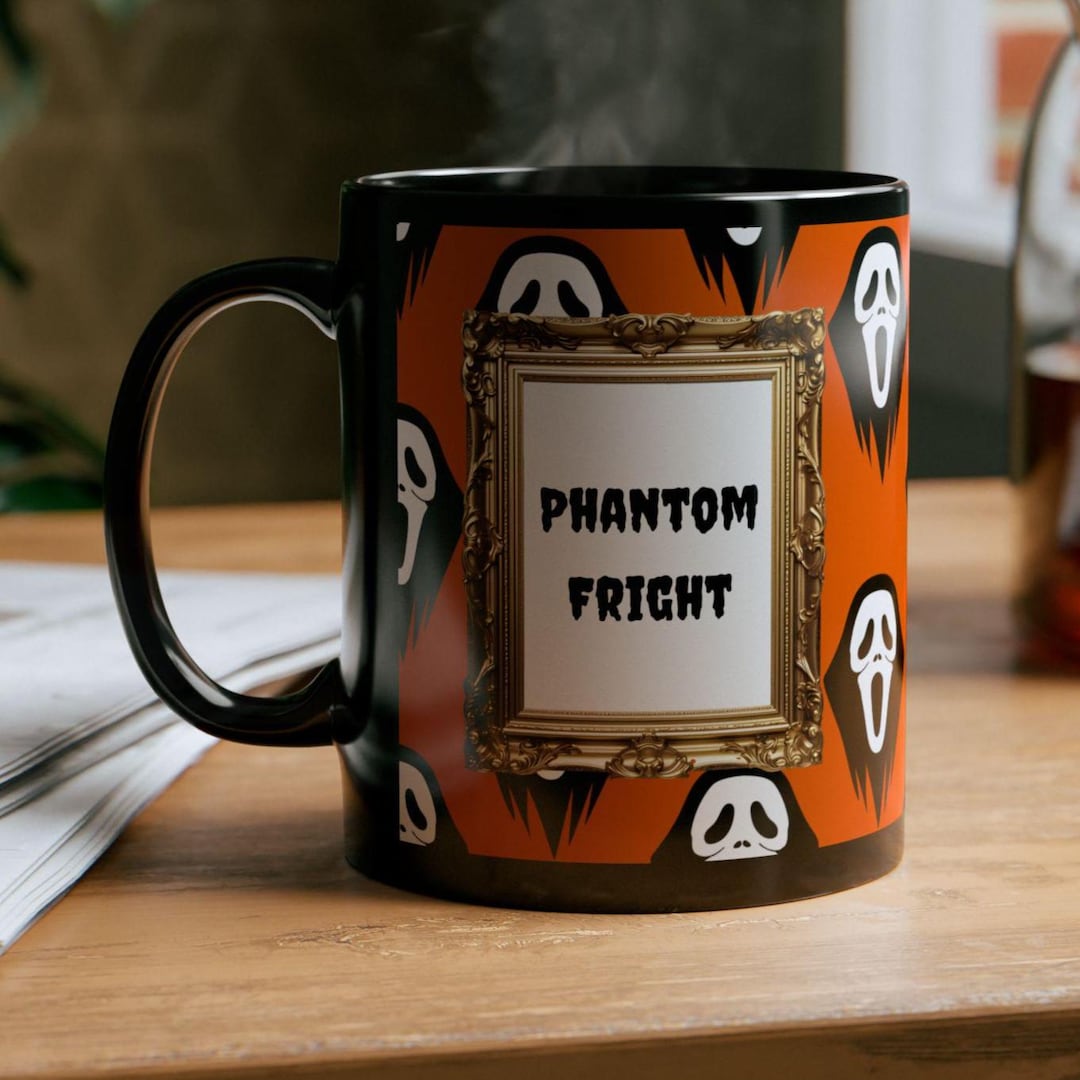Phantom Fright Halloween Mug | Black Ceramic Scream Pattern - Etsy