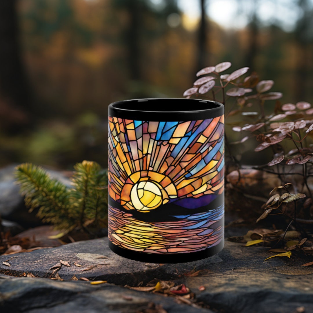 Stained Glass Look Sunset Black Ceramic Mug, Coffee Cup Gift for Wife ...