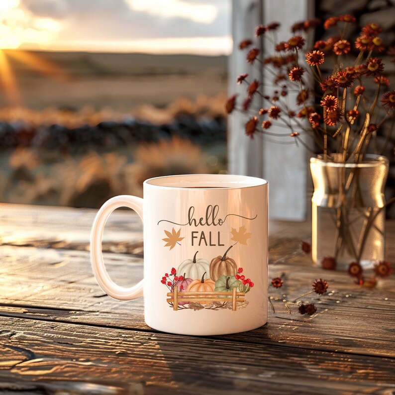 Hello Fall White Ceramic Mug 11 & 15 Oz., Hello Fall Coffee Cups ...