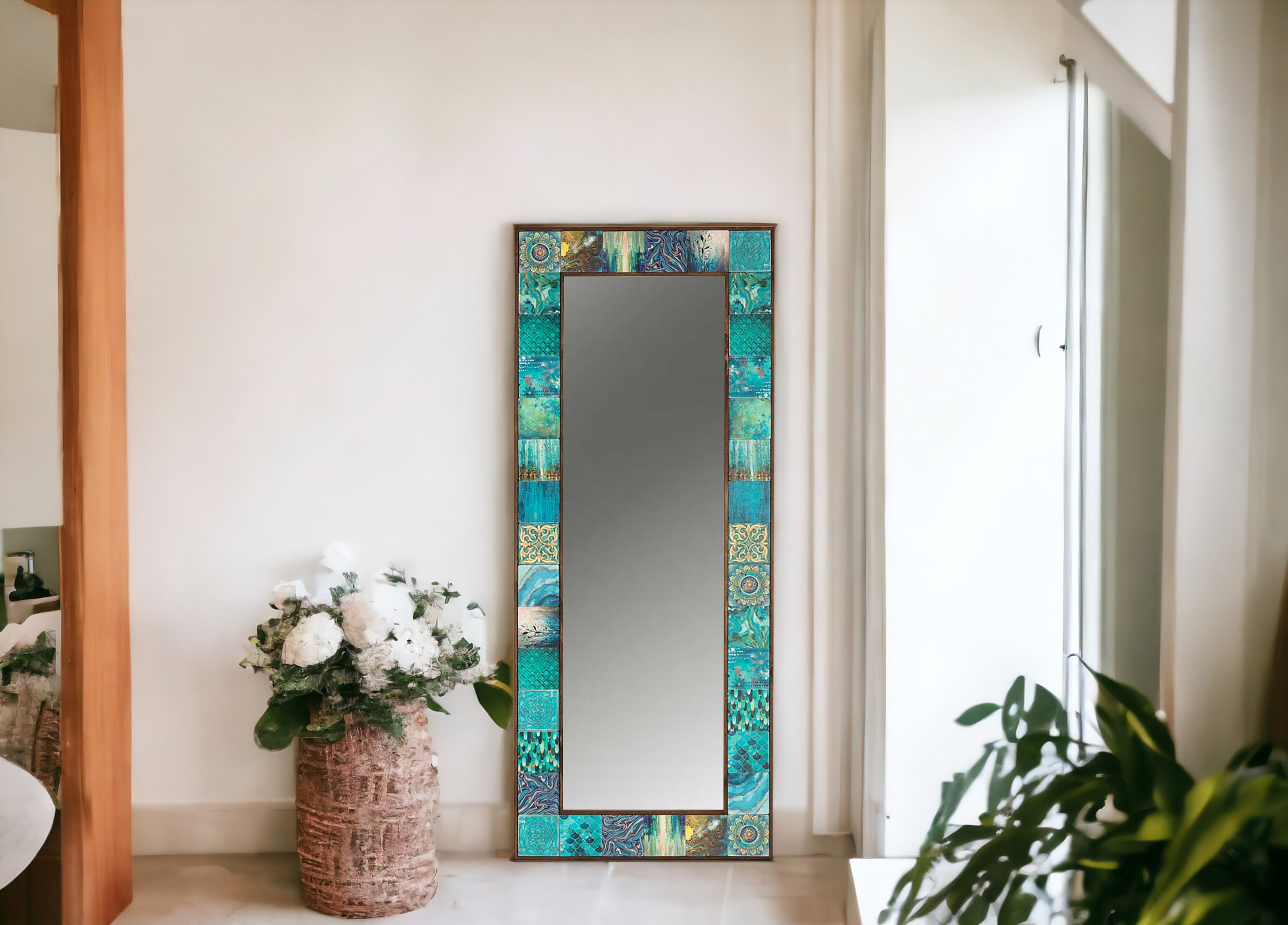 Wall Hanging Mirror, Turkish Handcrafted Green Tile Ceramic Stone Large ...