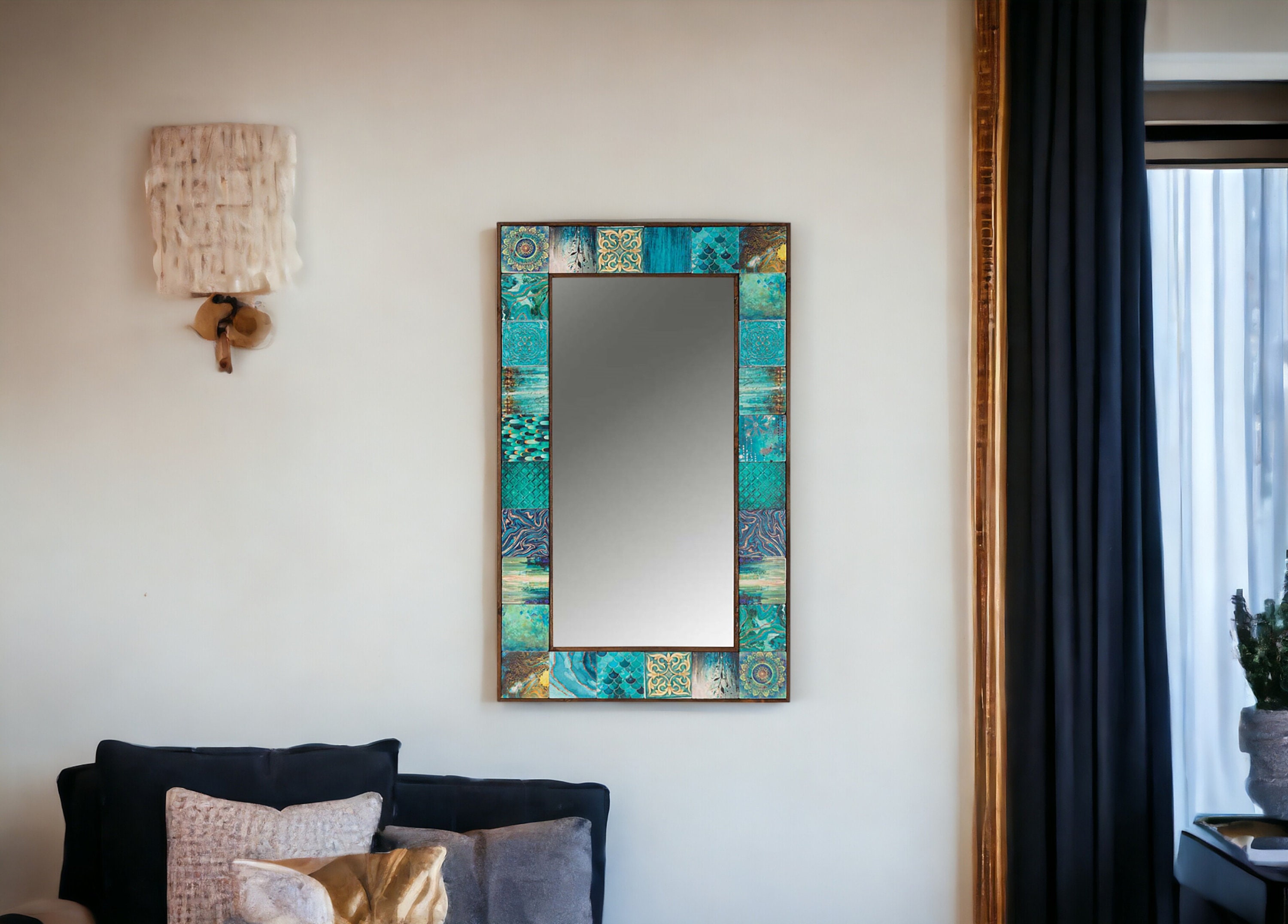 Wall Hanging Mirror, Turkish Handcrafted Blue Tile Ceramic Stone Large ...