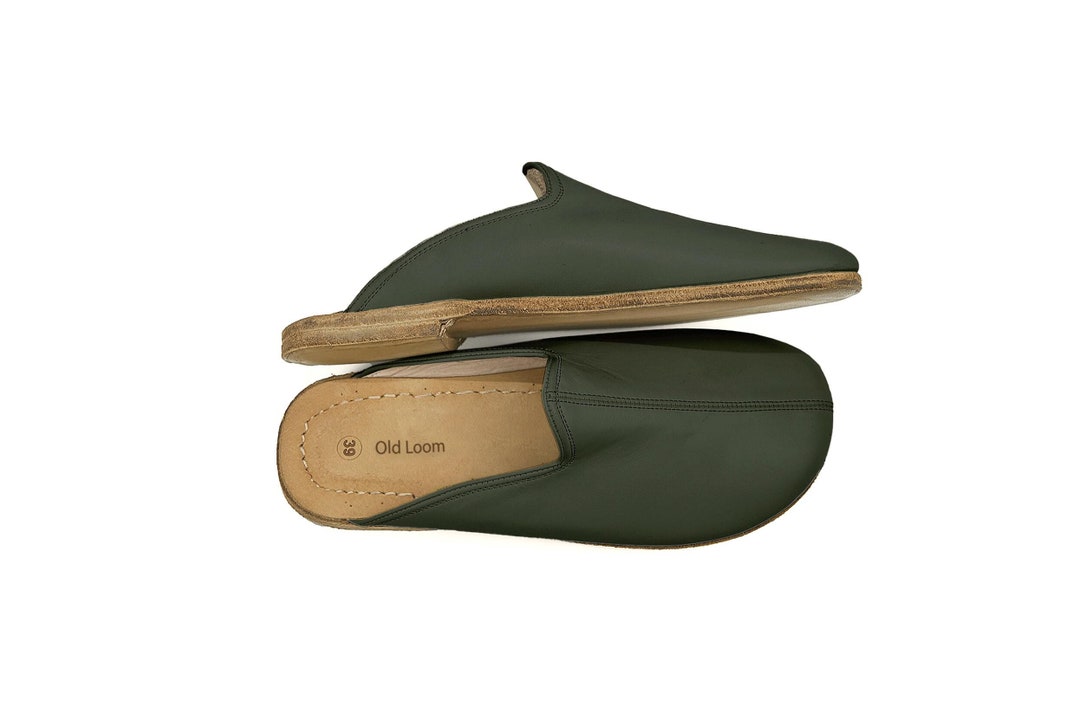 Women's Handmade Wide Toe Box Slippers - Green Genuine Leather Slippers ...