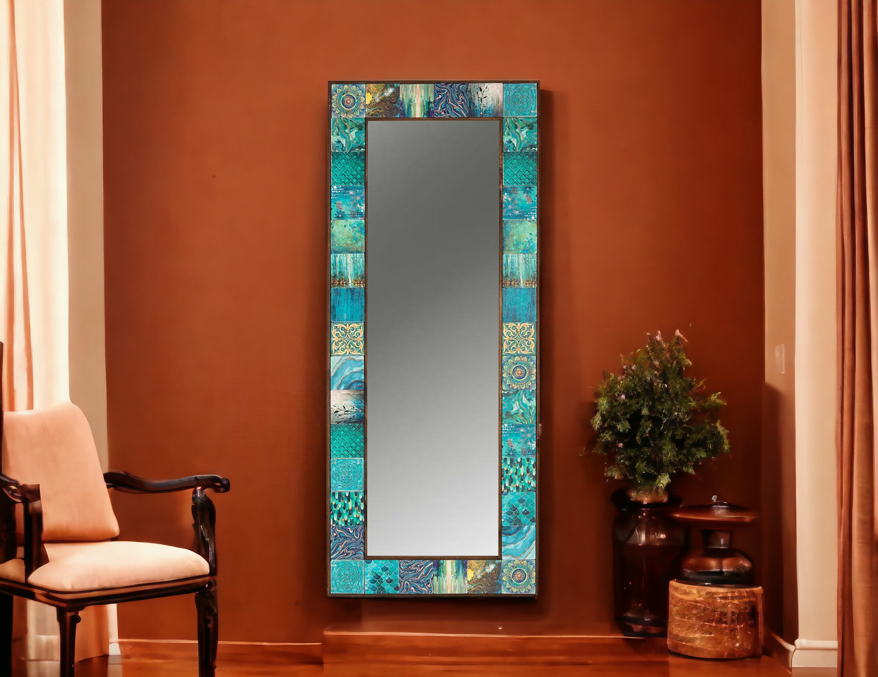 Wall Hanging Mirror, Turkish Handcrafted Green Tile Ceramic Stone Large ...