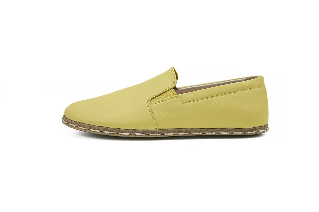 Men's Lemon Yellow Zero Drop Sole Barefoot Loafers - Turkish Handmade ...