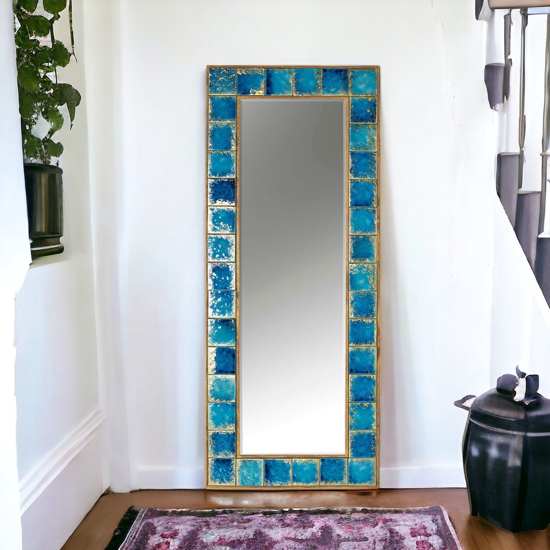 Wall Hanging Mirror, Turkish Handcrafted Blue Tile Ceramic Stone Large ...