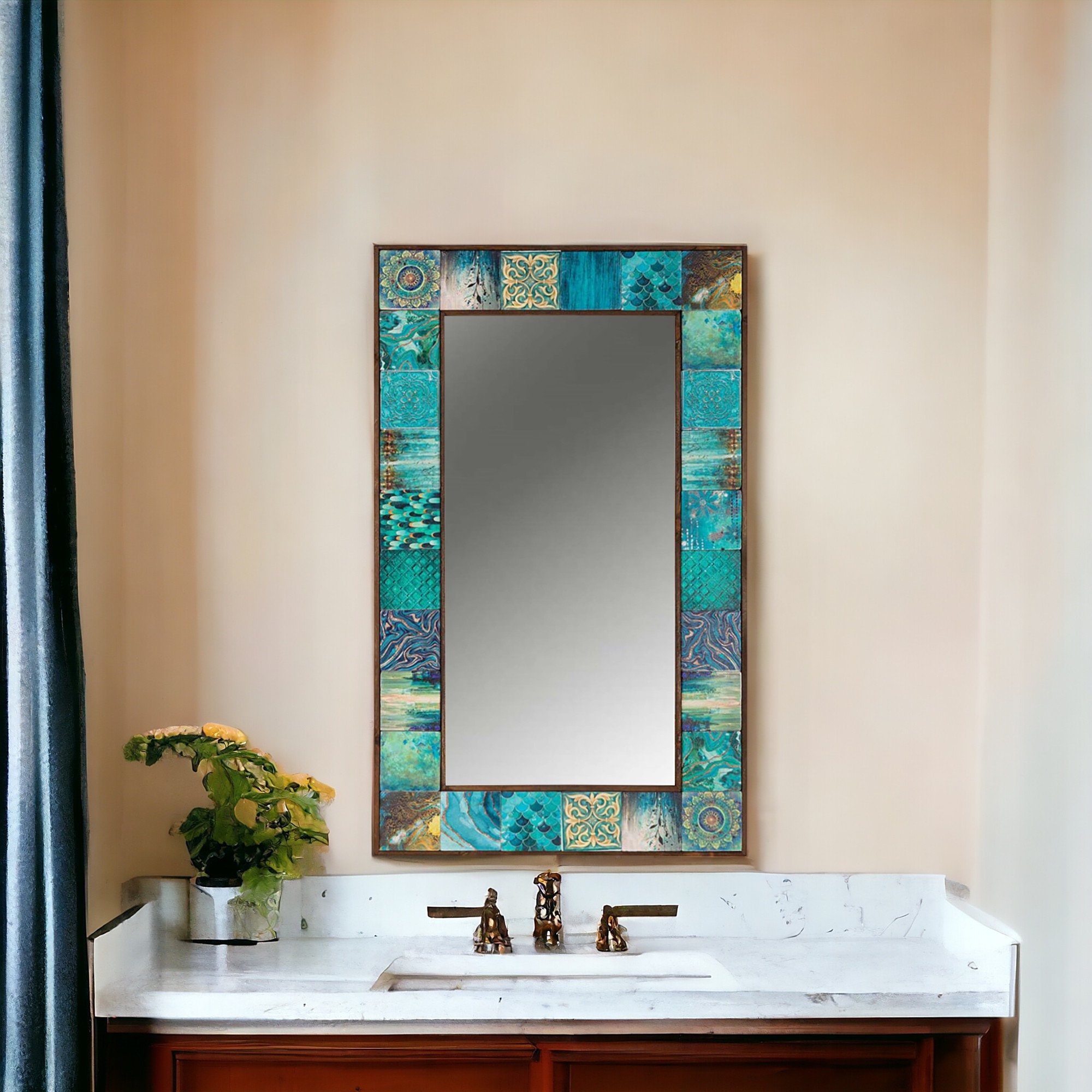 Wall Hanging Mirror, Turkish Handcrafted Blue Tile Ceramic Stone Large ...