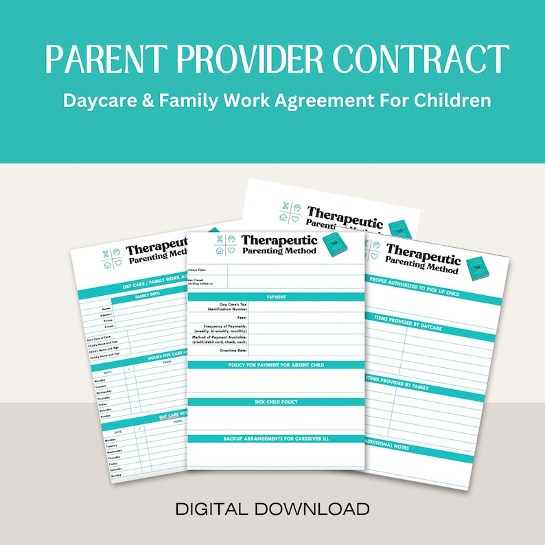 4 Page Daycare & Family Work Agreement for Children Going to Daycare ...