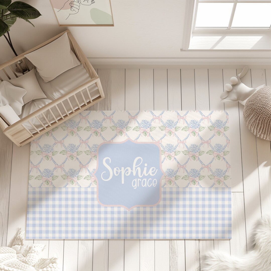 Grandmillennial Blue Hydrangea Nursery Rug, Preppy Nursery Rug ...