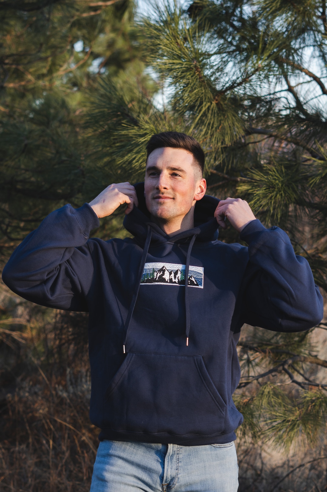 Mountain Range and Forest Embroidered Sweatshirt - Eco-friendly Outdoor ...