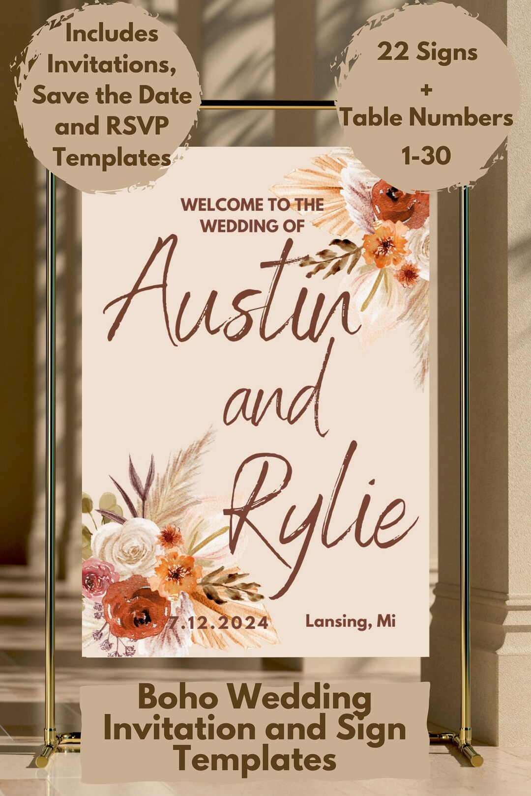 Boho Wedding Invitation and Sign Template, PDF Invitation, Customizable ...