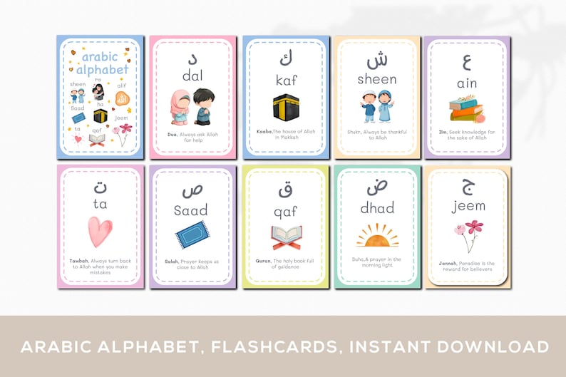 Arabic Alphabet Flashcards for Kids | 28 Islamic Learning Cards ...