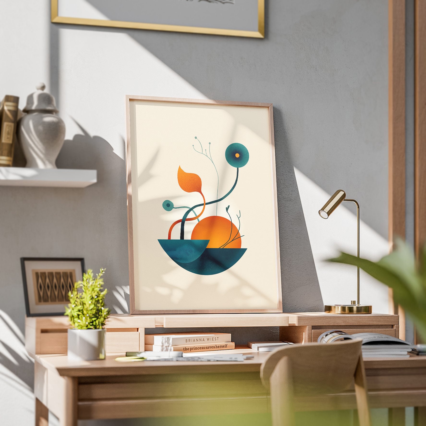 Mid Century Burnt Orange Wall Art Copper and Teal Botanical Artwork Minimalist Semicircle Shape ...