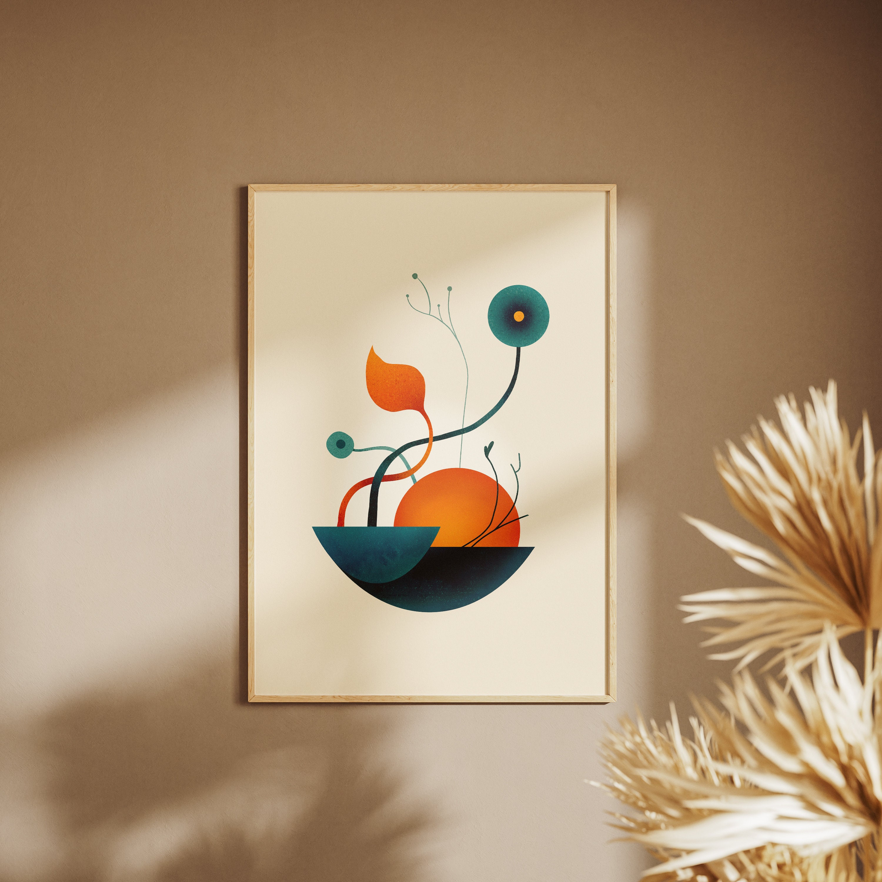 Mid Century Burnt Orange Wall Art Copper and Teal Botanical Artwork ...