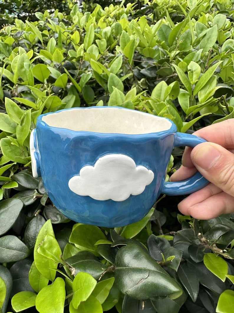 Handmade Blue Sky and White Cloud Cute Ceramic Mug, Cloud Coffee Cup ...