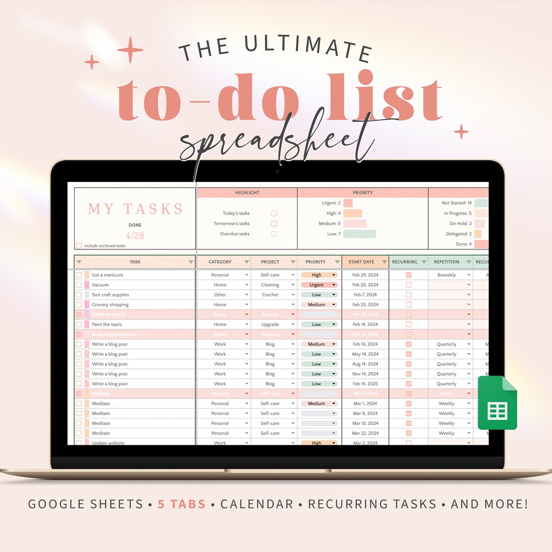Task Tracker to Do List for Google Sheets, Digital Spreadsheet Planner ...