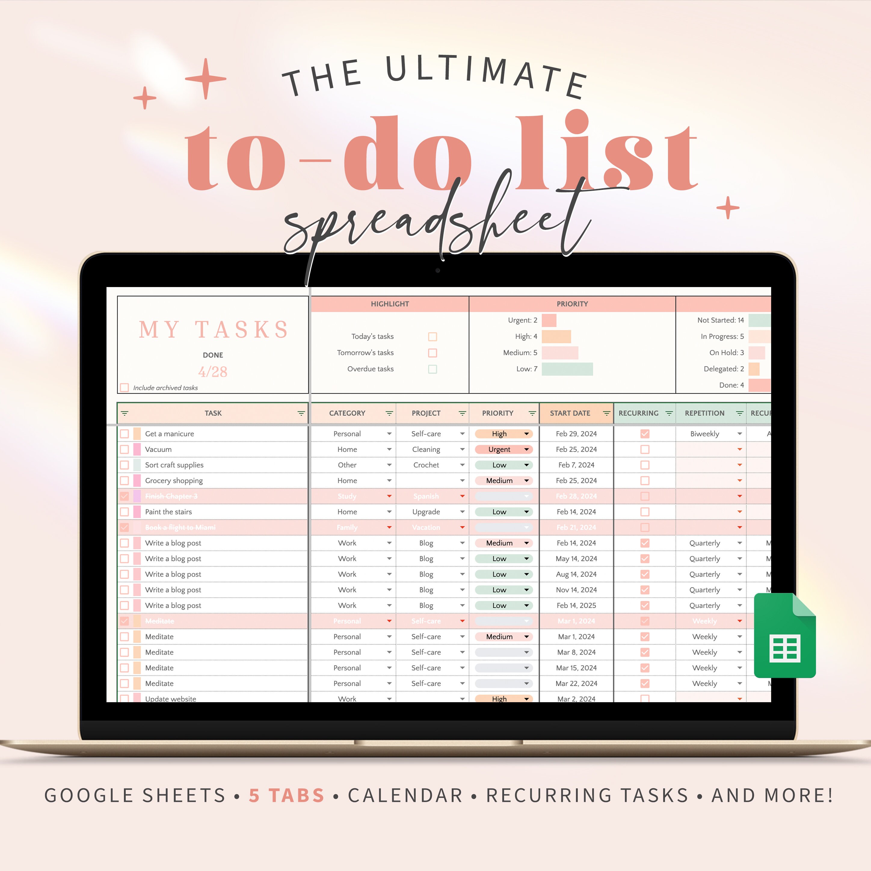 Task Tracker to Do List for Google Sheets, Digital Spreadsheet Planner ...