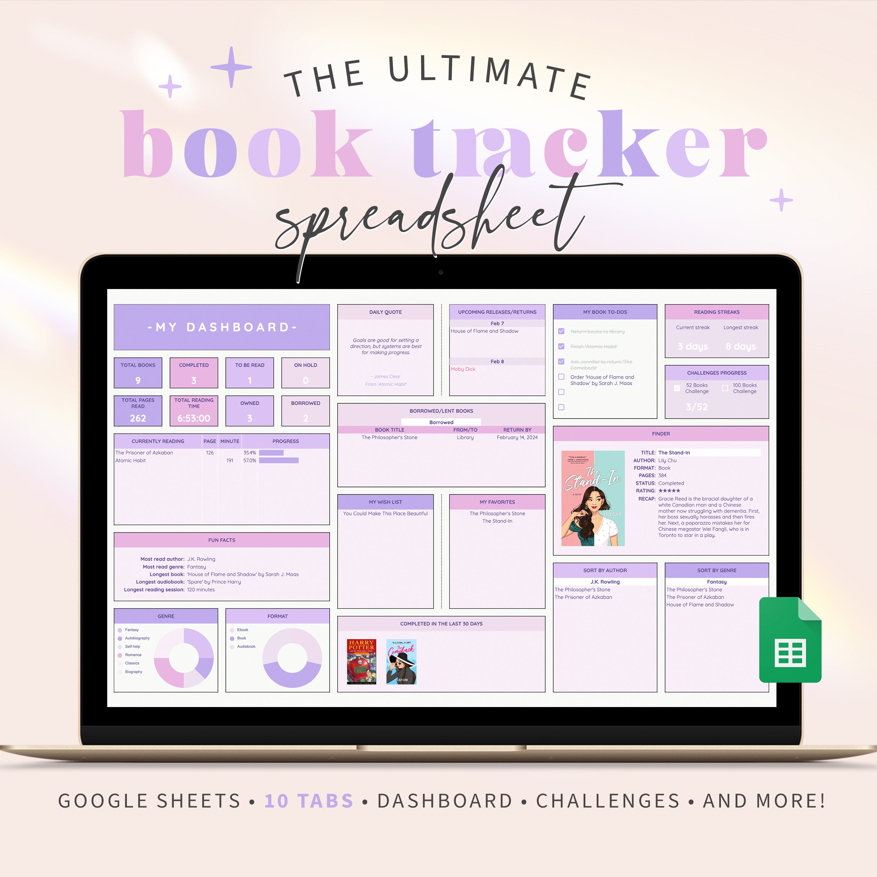 Book Tracker Spreadsheet for Google Sheets, Reading Journal Book Shelf ...