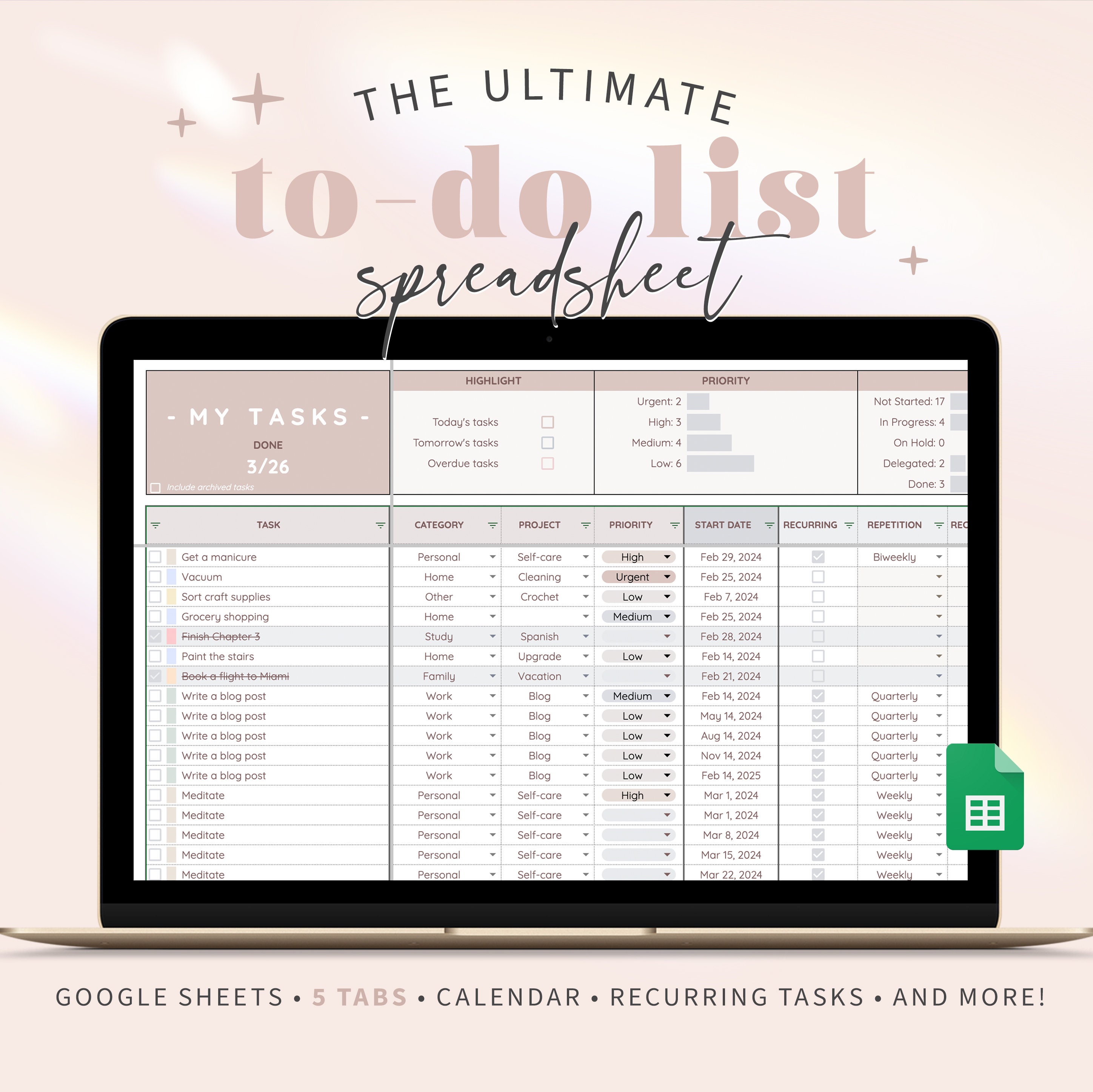 To-do List Template Spreadsheet Google Sheets Monthly Weekly Daily Task ...