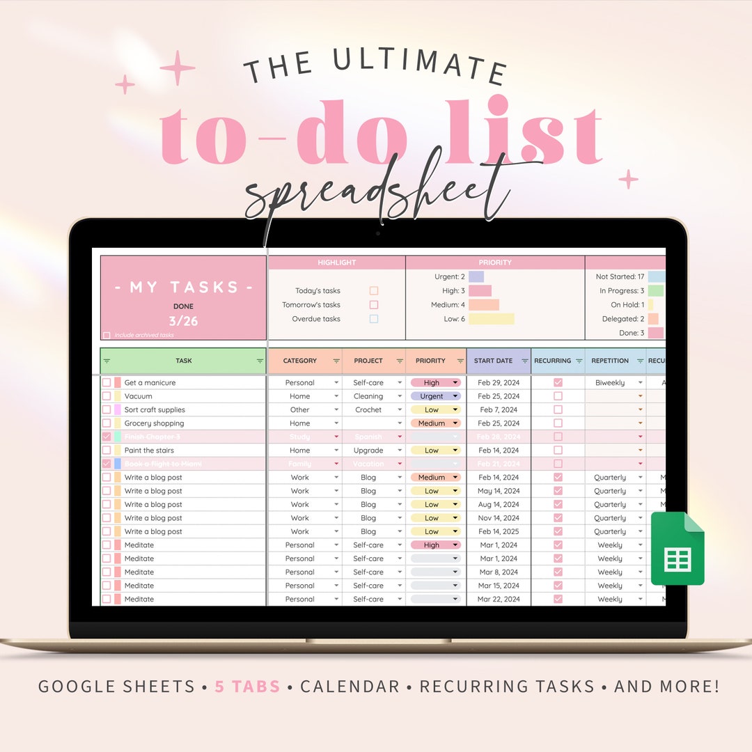 Task Tracker Google Sheets Spreadsheet | Digital To-do List Planner ...