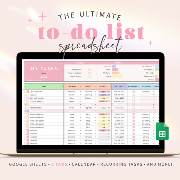 Task Tracker Google Sheets Spreadsheet Digital To-do List Planner ...