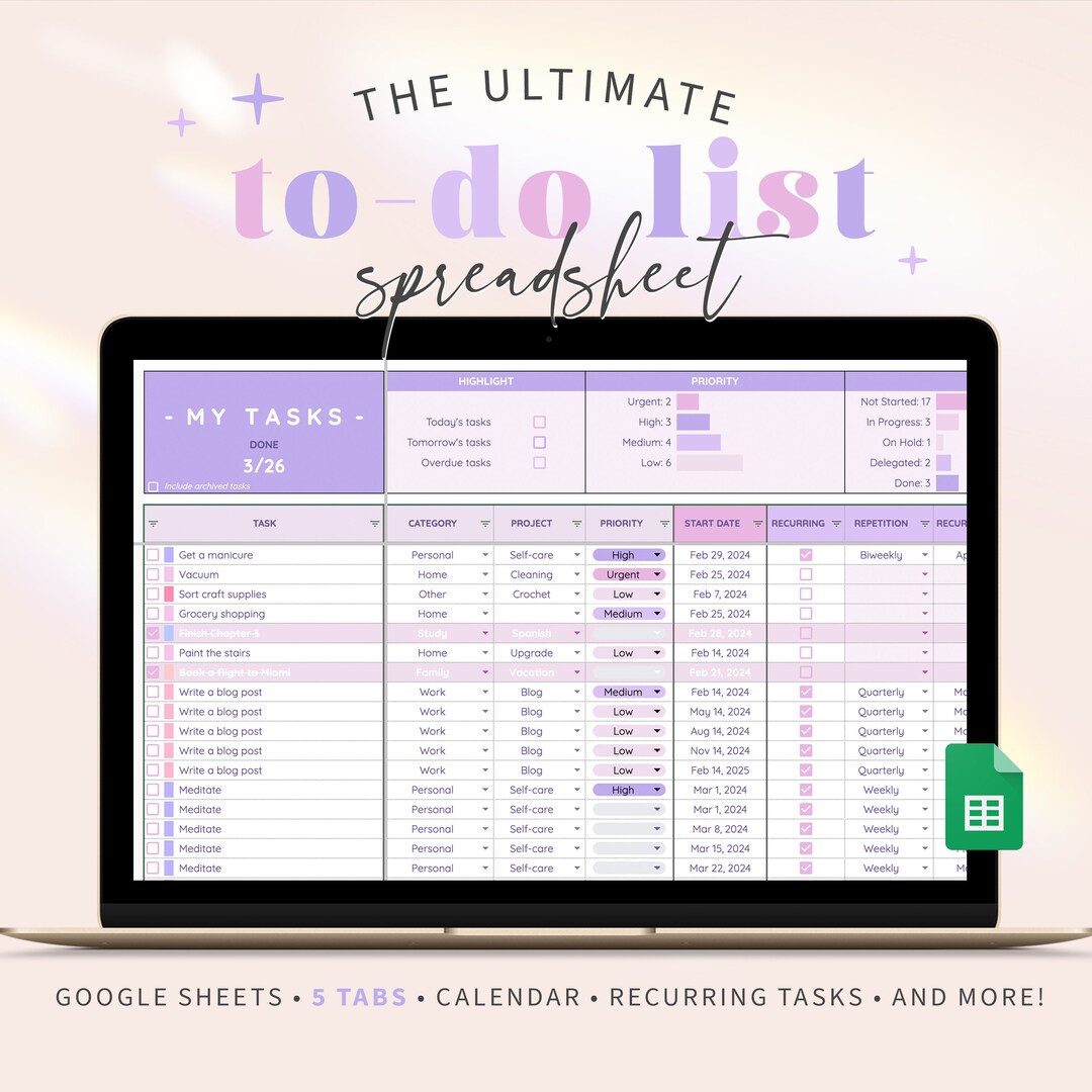 Task Tracker Spreadsheet for Google Sheets, Monthly Weekly Daily To-do ...