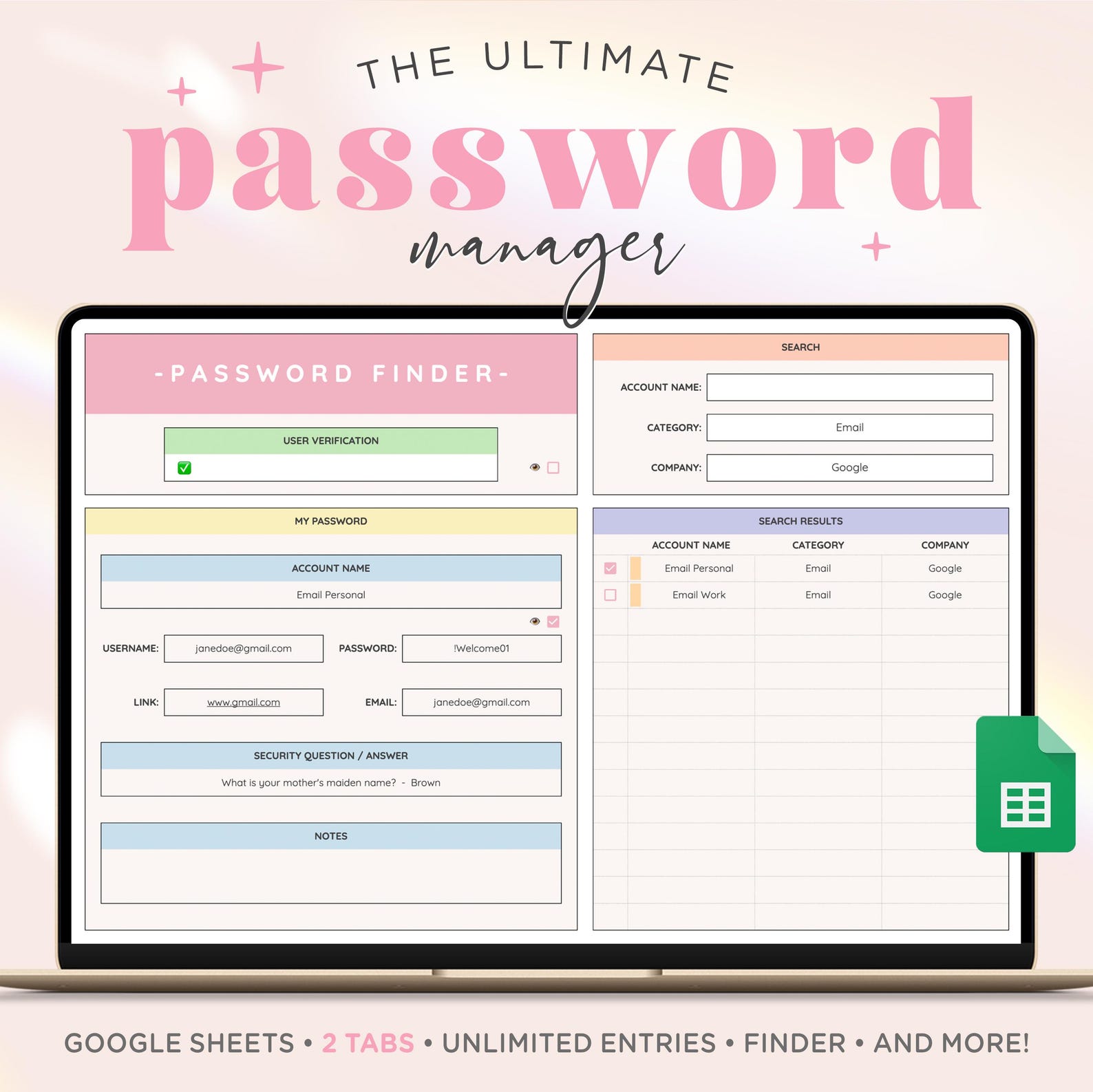 Password Tracker Spreadsheet for Google Sheets | Student Password ...