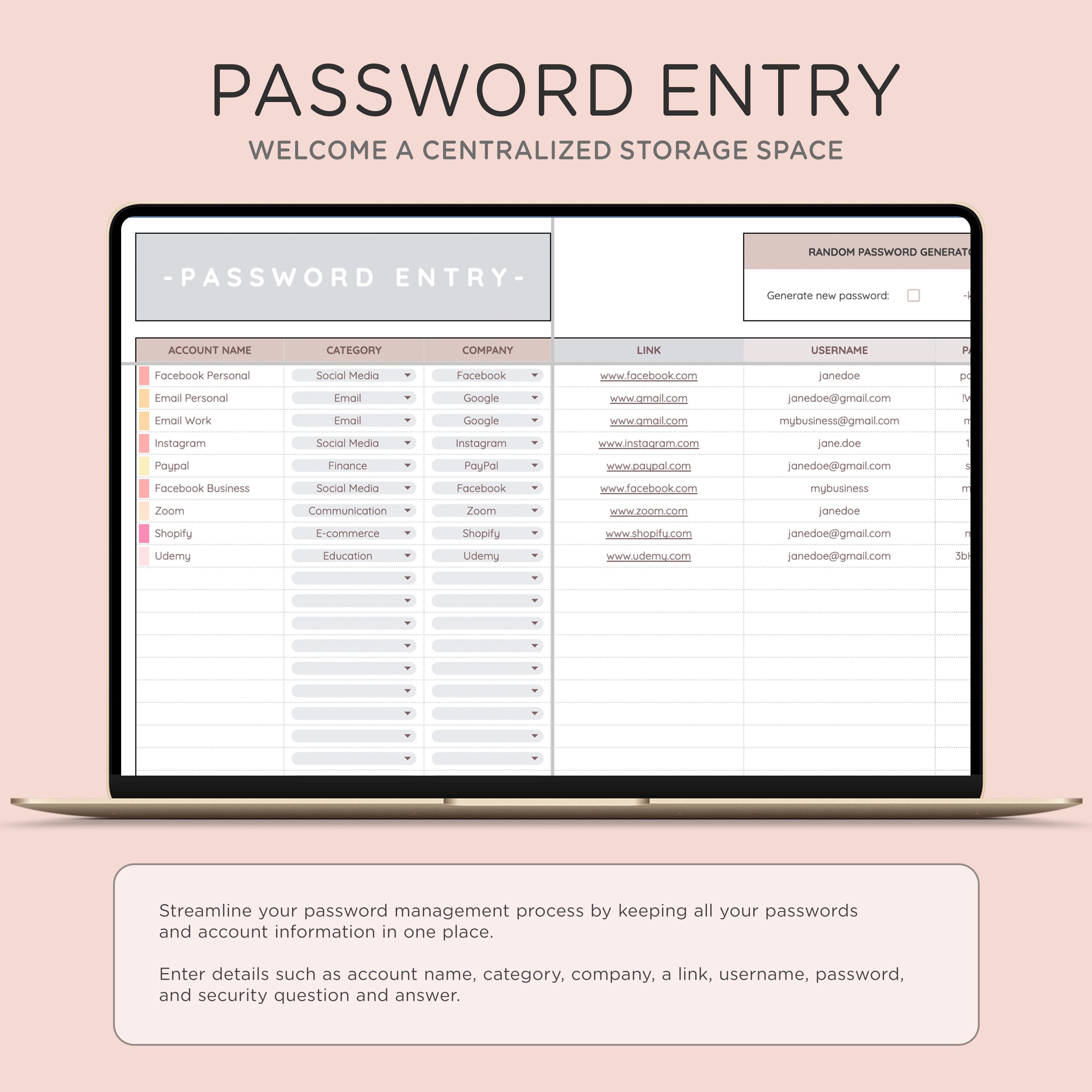 Password Manager Spreadsheet for Google Sheets | Student Password ...