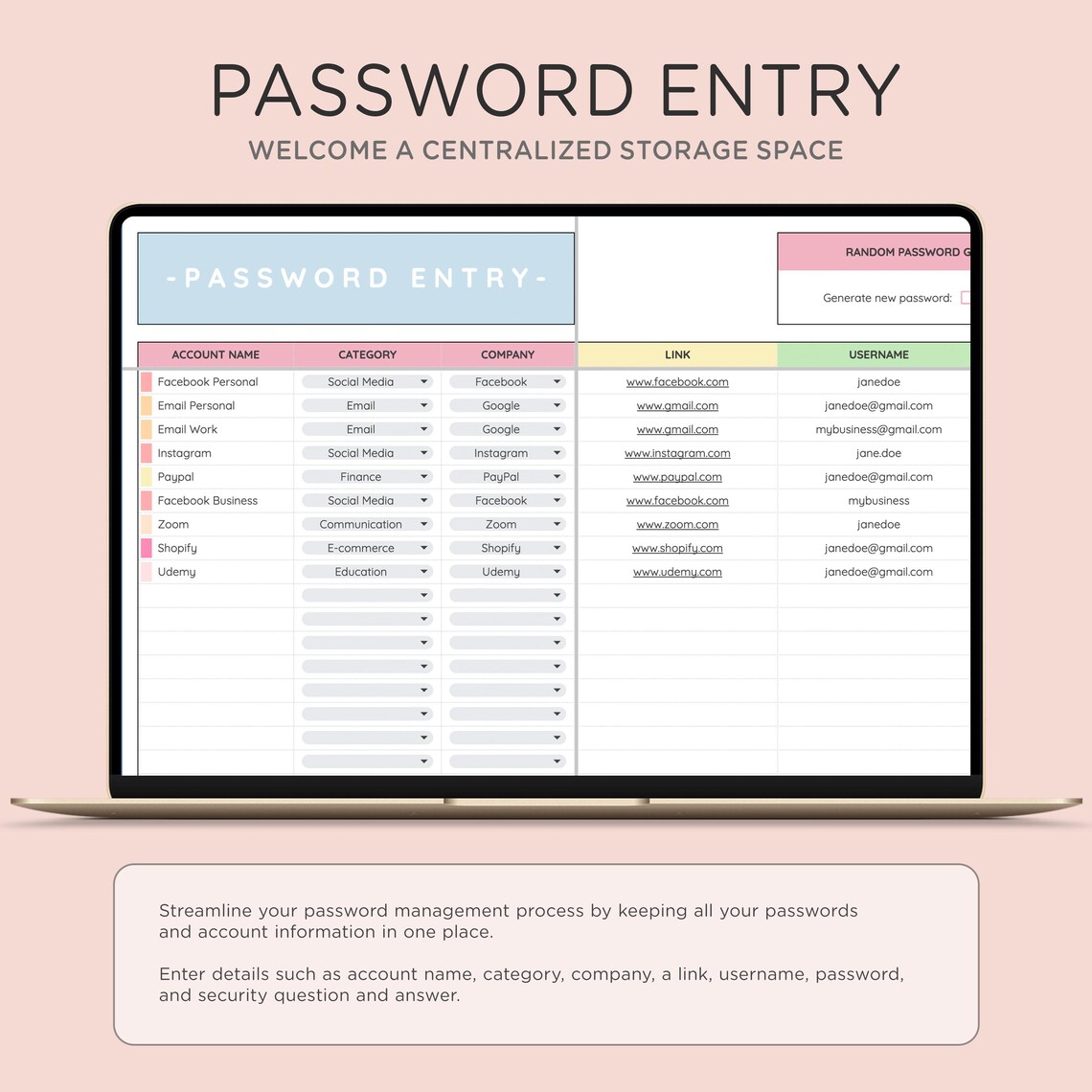 Password Tracker Spreadsheet for Google Sheets | Student Password ...