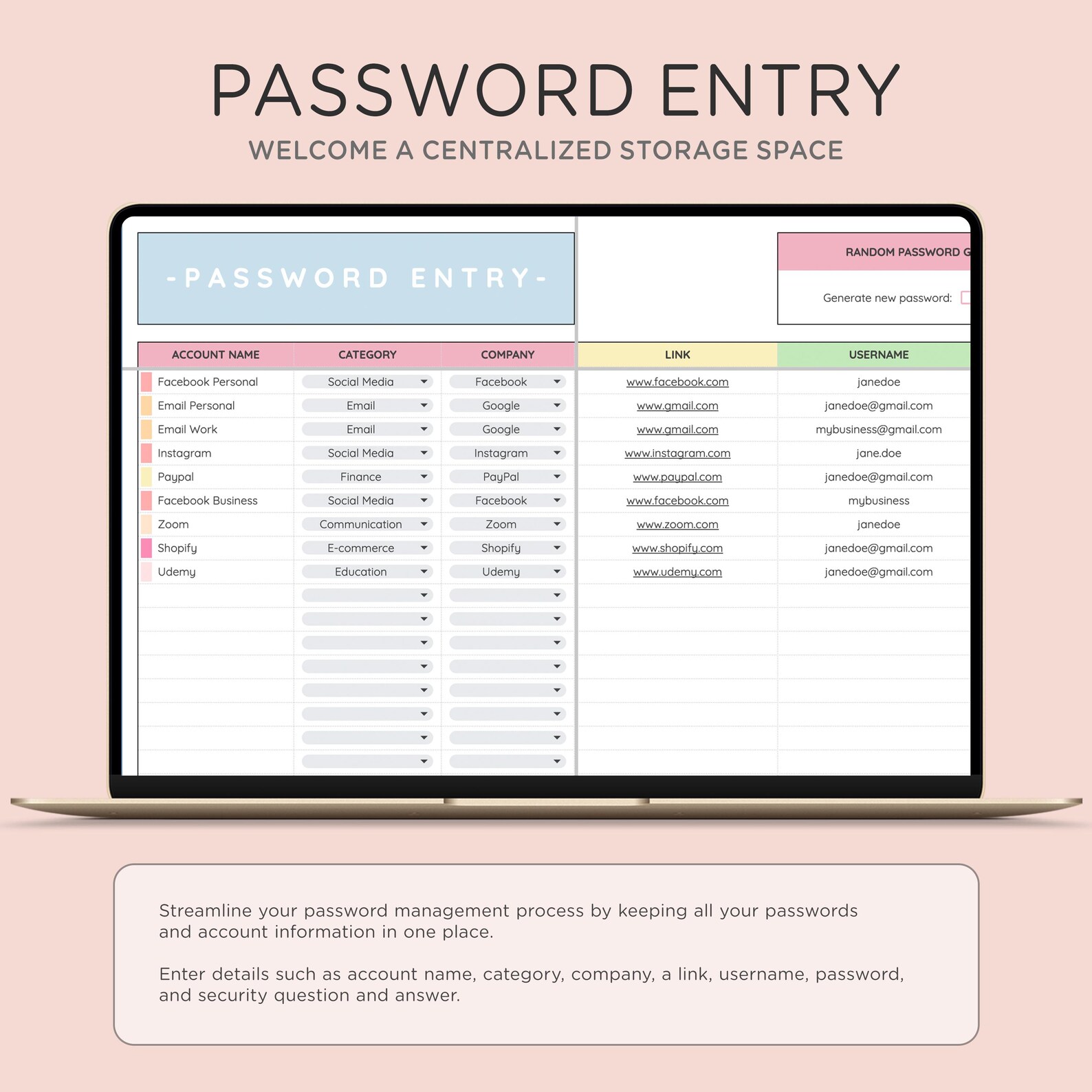 Password Tracker Spreadsheet for Google Sheets | Student Password ...