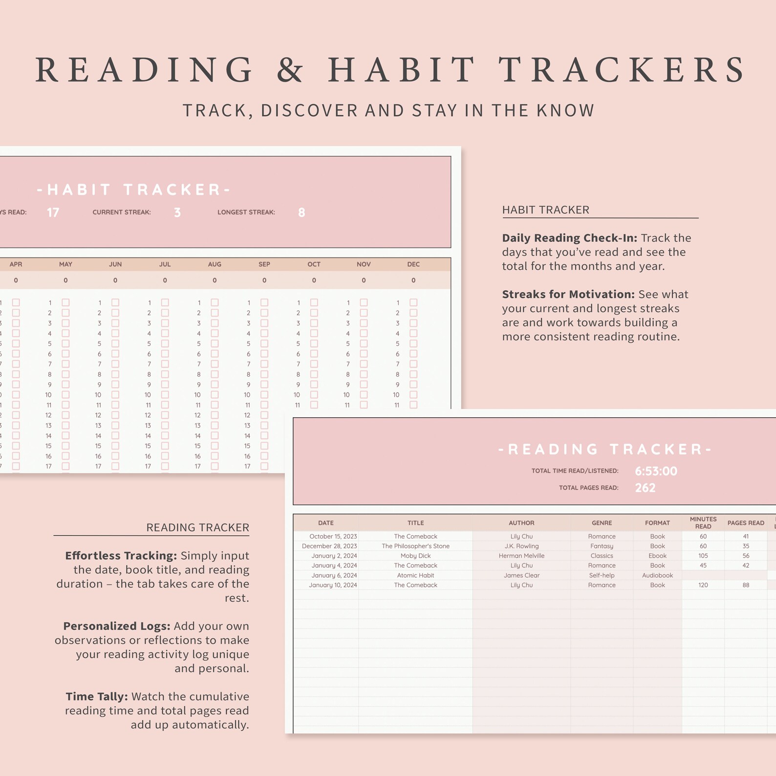 Reading Tracker for Google Sheets | Book Collection, Pink Reading Log ...