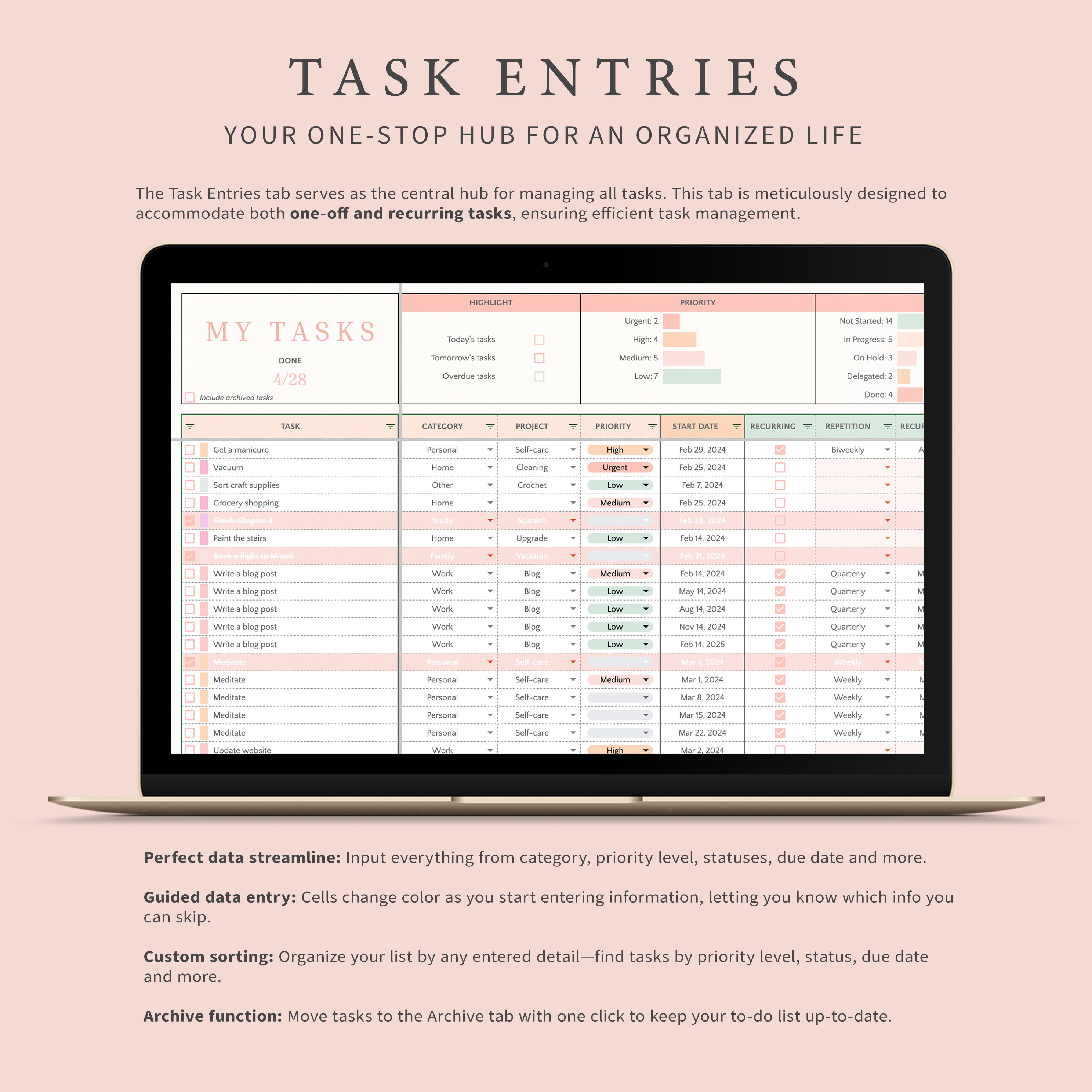 Task Tracker to Do List for Google Sheets, Digital Spreadsheet Planner ...