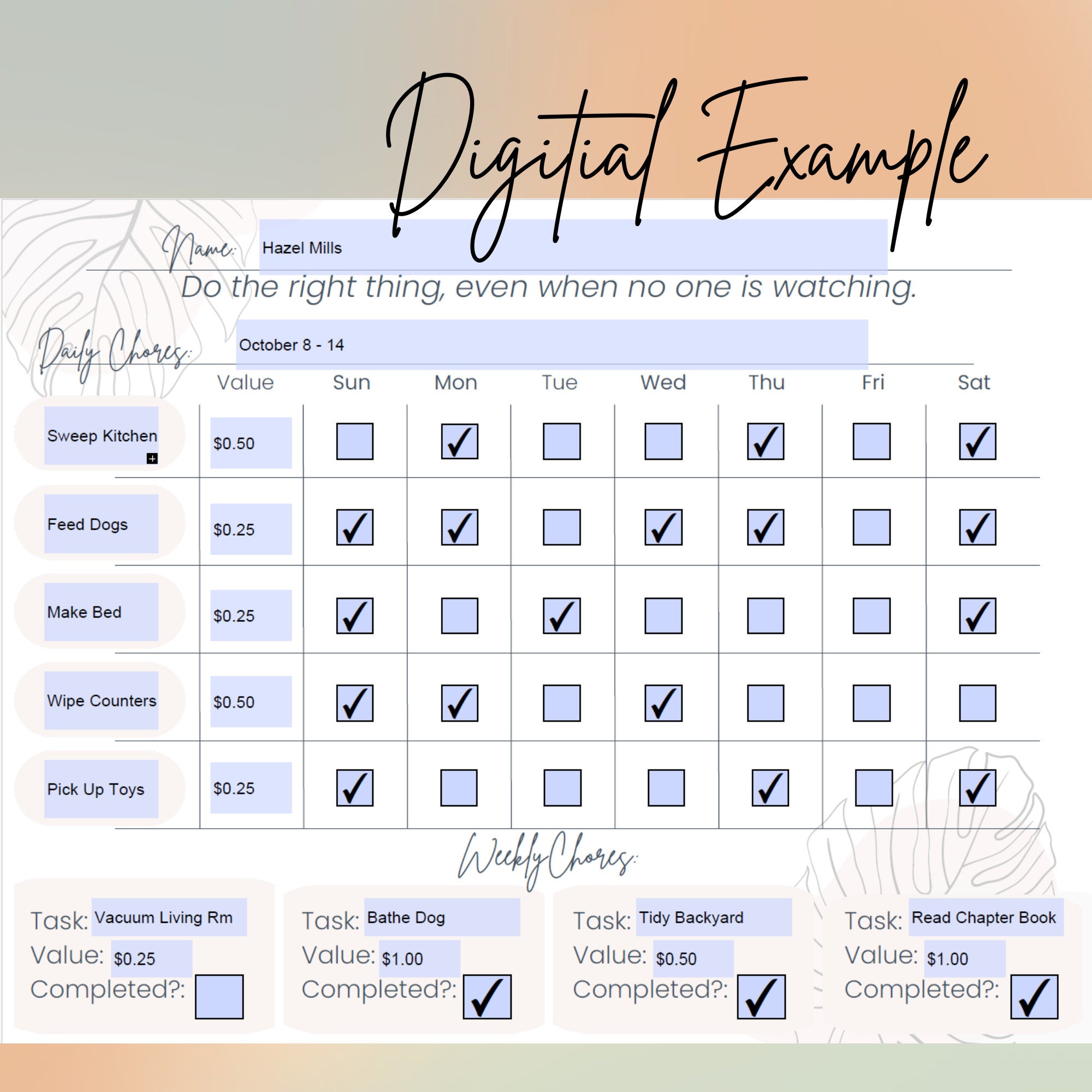 Boho Chore Chart, Fillable Digital Form, Printable Chore Chart, Kids ...