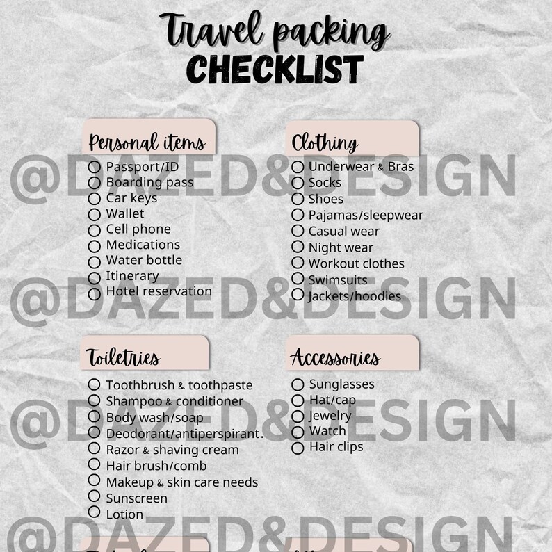 Travel Packing Check List - Etsy