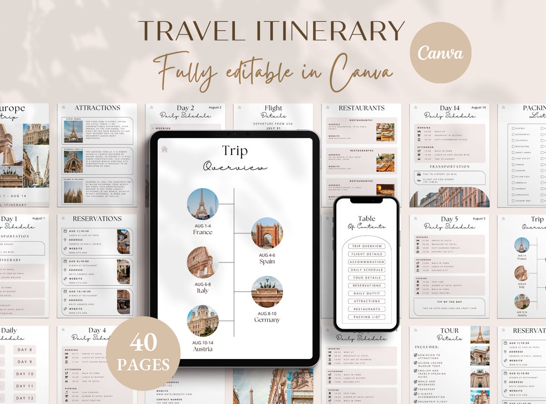 Europe Travel Itinerary Template, Editable Travel Planner, Europe ...
