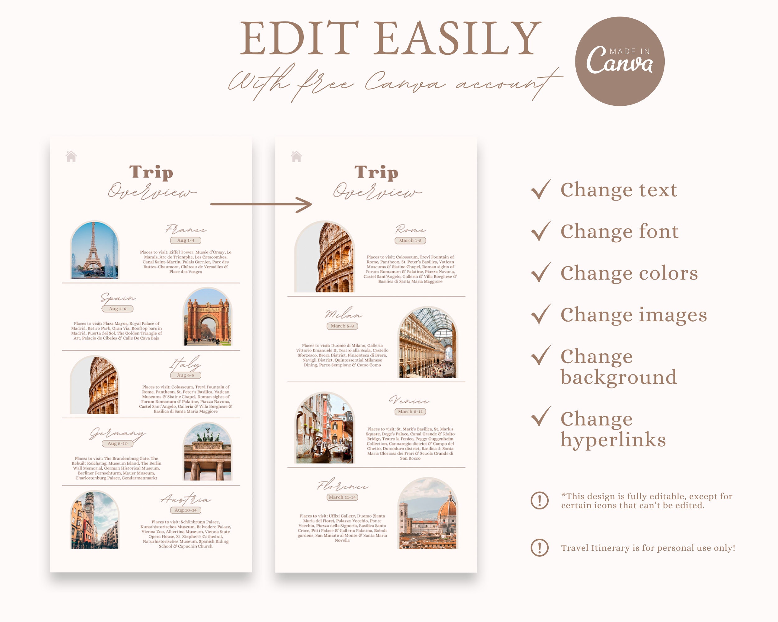 Europe Travel Itinerary Template: Editable Canva Planner (digital ...