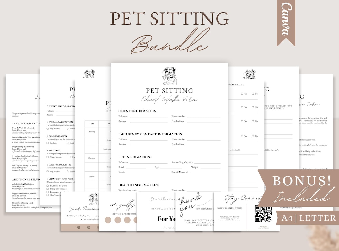 Pet Sitting Forms Bundle: Client Agreement, Invoice, Feedback (canva ...