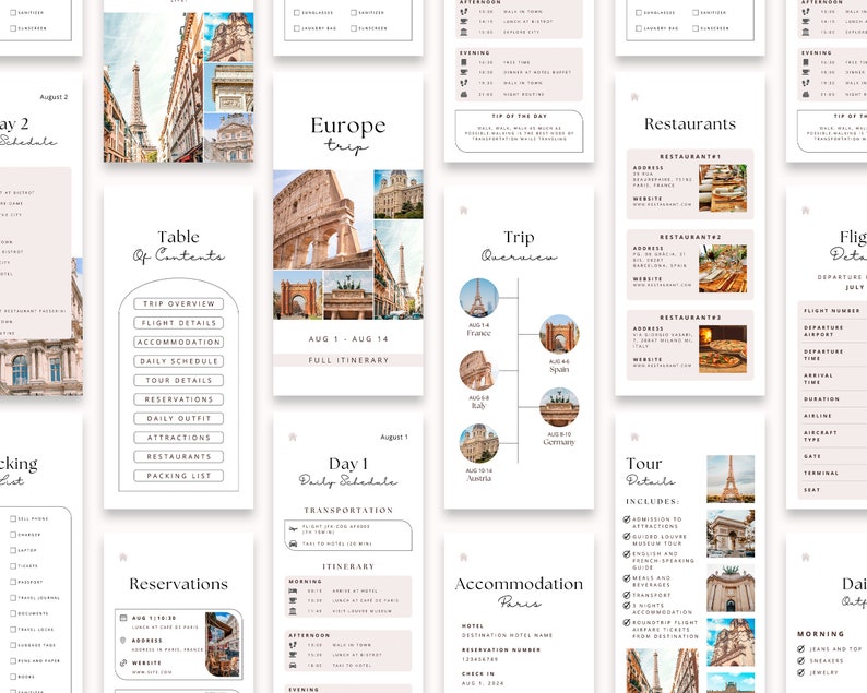 Europe Travel Itinerary Template: Editable Travel Planner (digital ...