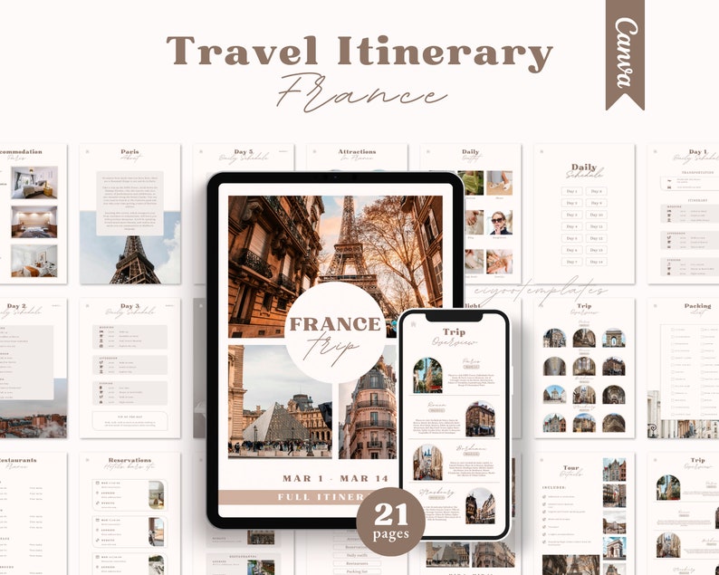 France Travel Itinerary Template: Editable Trip Planner (canva Template ...