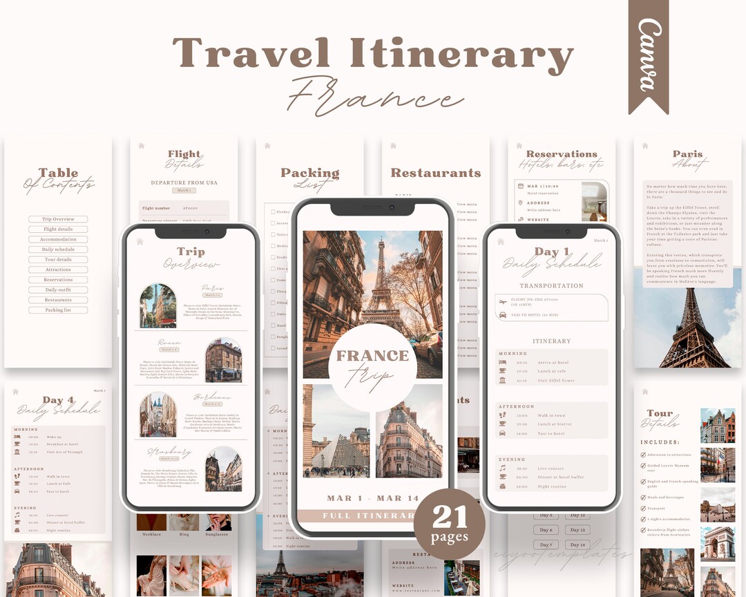 France Travel Itinerary Template: Editable Canva Planner (digital ...