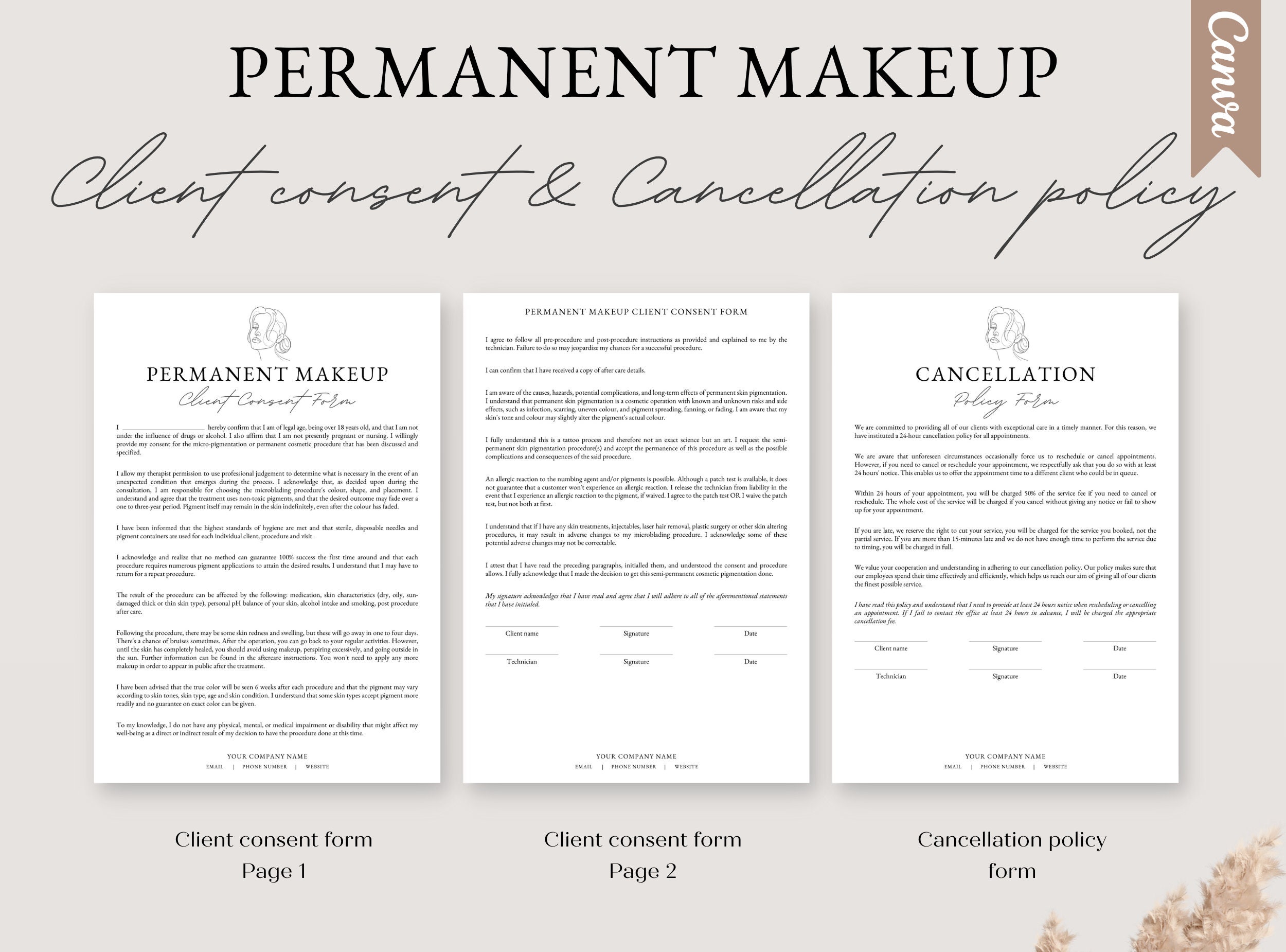 Editable Permanent Makeup Forms: PMU Consent, Aftercare (canva Template ...
