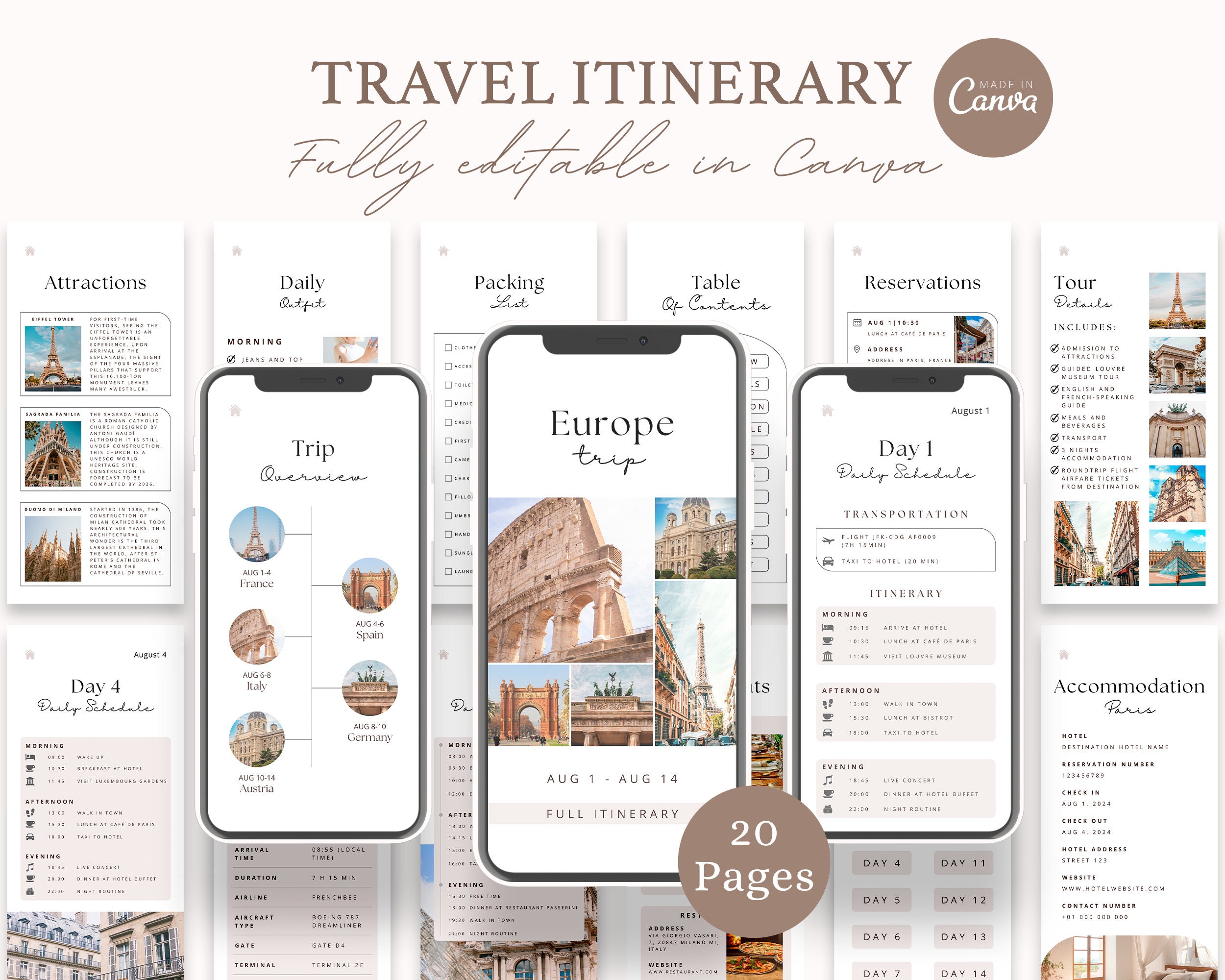 Europe Travel Itinerary Template, Editable Travel Planner, Travel Guide ...